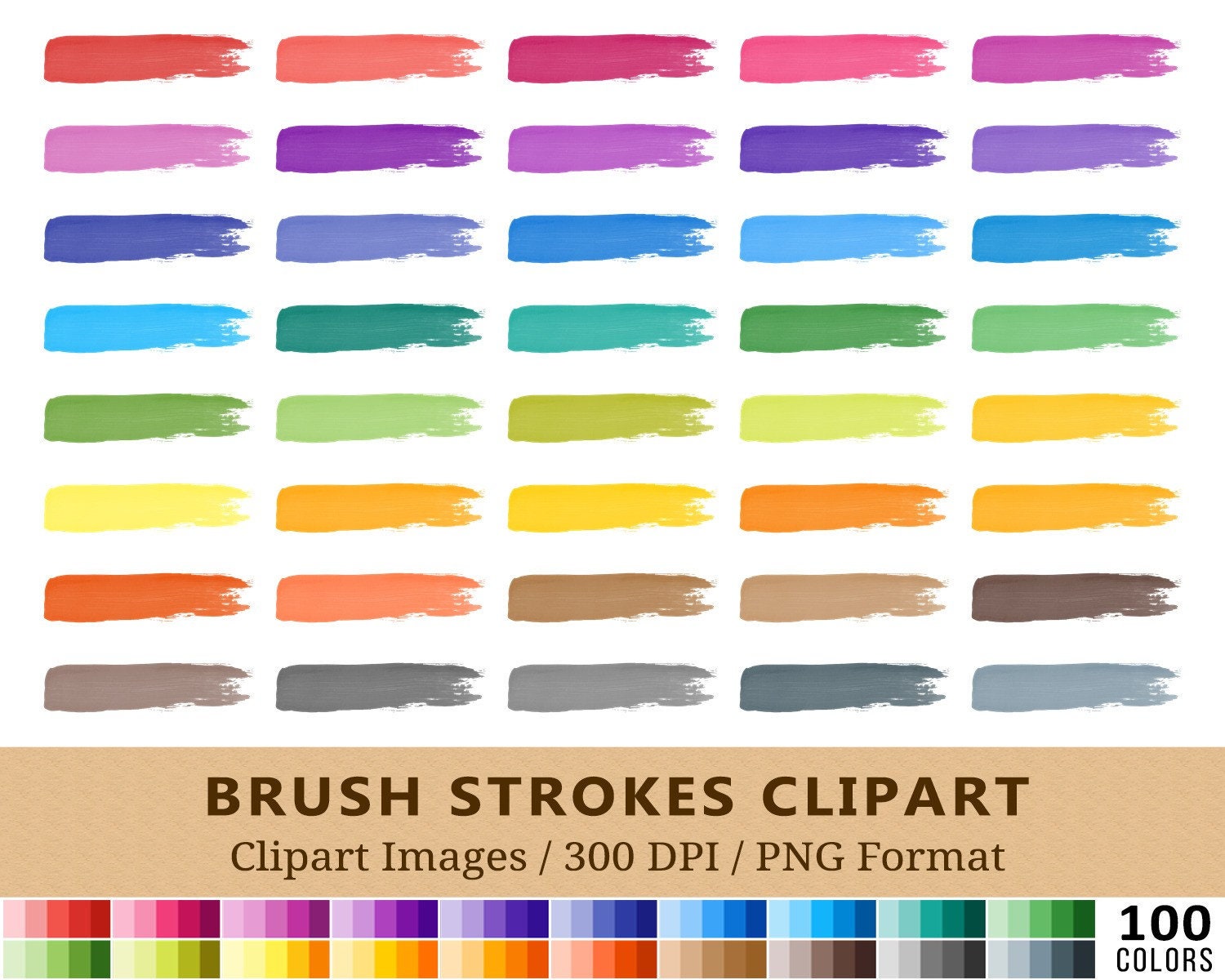 100 Brush Stroke Clipart, Watercolor Paint Brush Clip Art, Rainbow ...