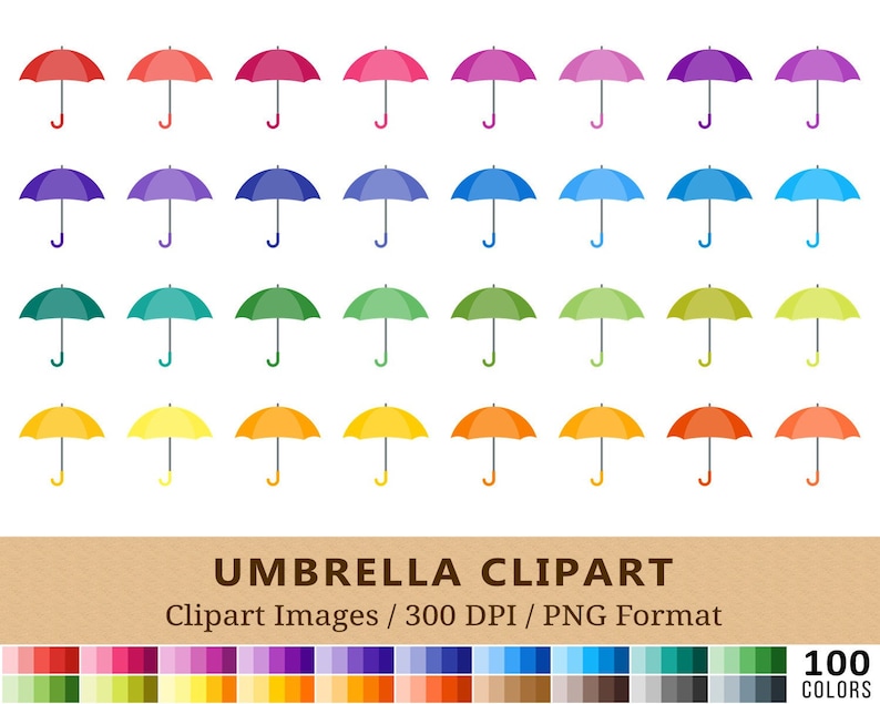 100 Umbrella Clipart, Rainy Day Clip Art, Rainbow Colors, Weather ...
