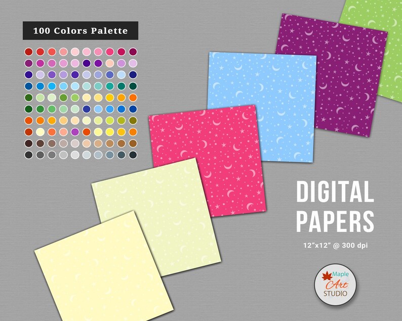 Tinted Moon and Star Digital Papers, 100 Rainbow Moons and Stars ...
