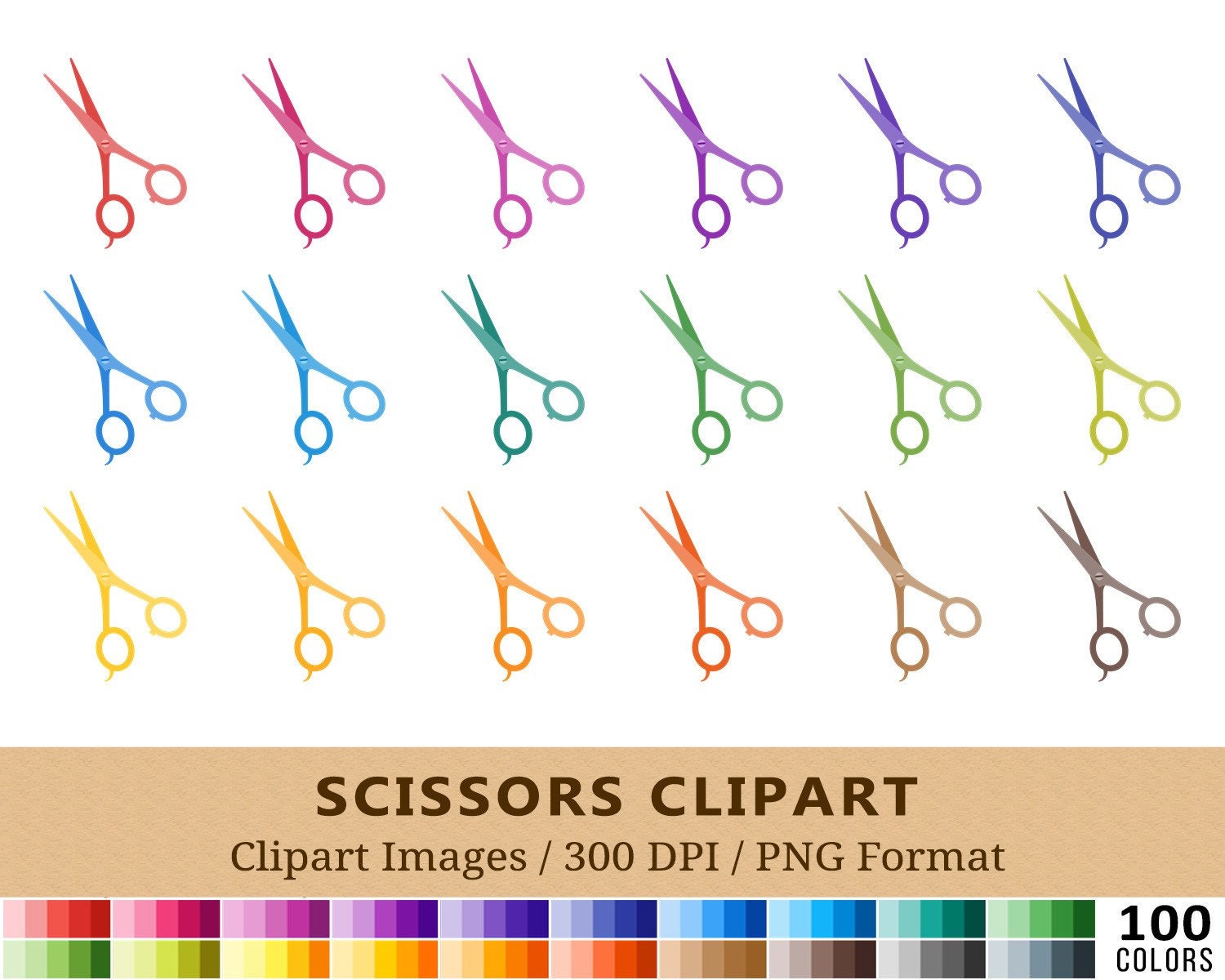 100 Scissors Clipart, Sewing Cutting Crafting Clip Art, Rainbow Colors ...