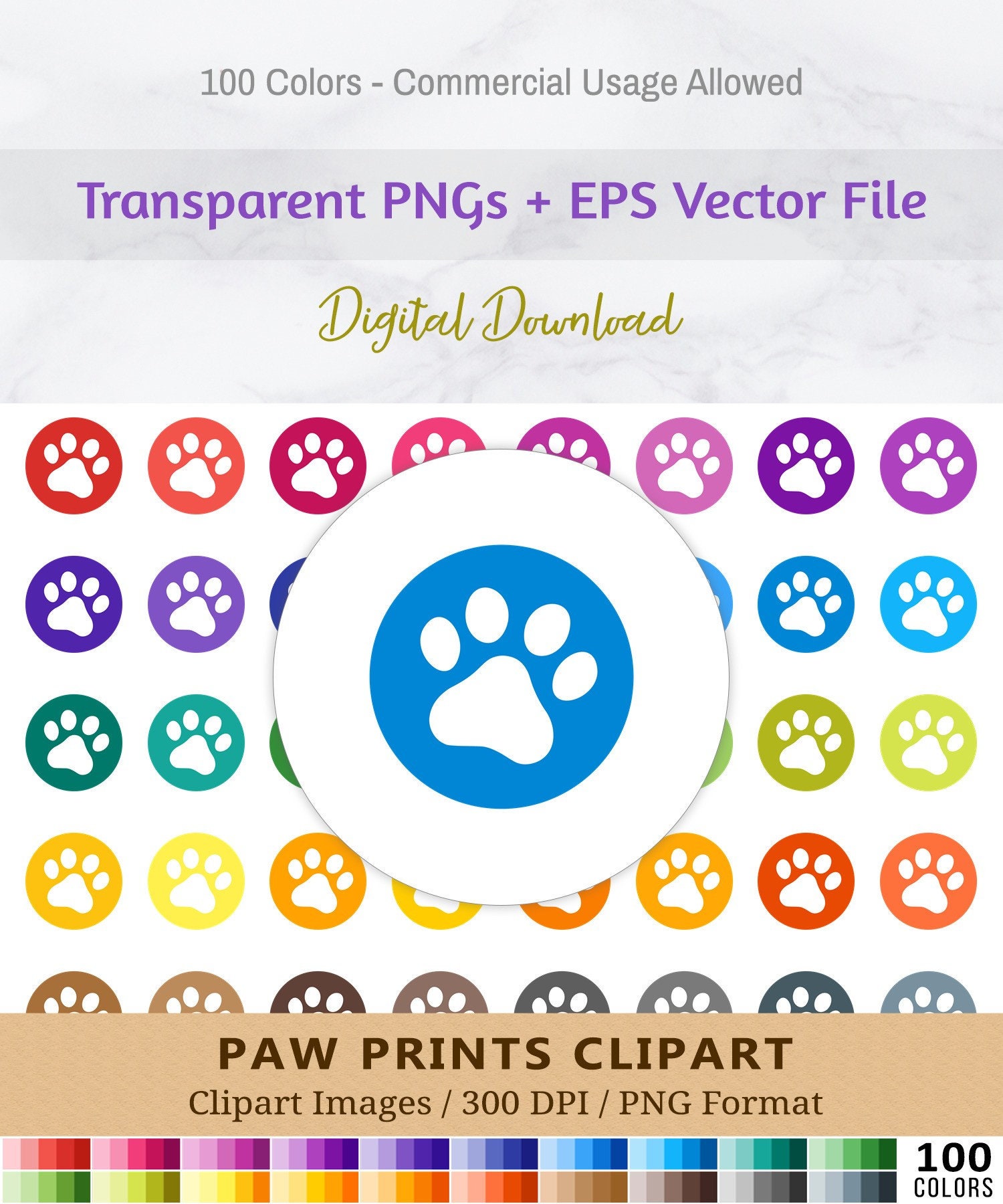 100 Paw Prints Clipart, Dog Cat Paw Clip Art, Rainbow Colors, Planner ...