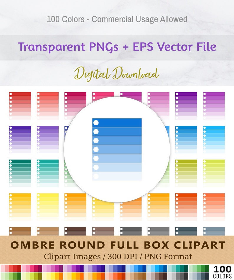 100 Ombre Full Box Clipart, Checklist Planner Box Clip Art, Rainbow ...