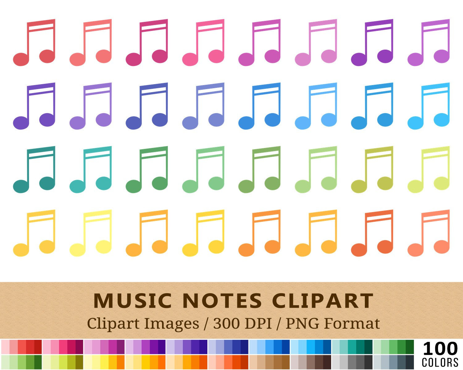100 Music Note Clipart, Musical Notes Clip Art, Rainbow Colors, Vector ...