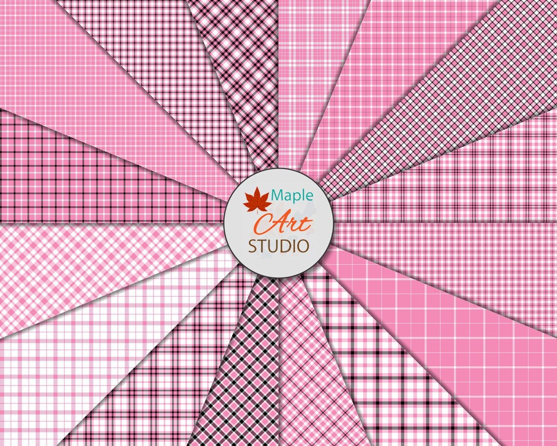 Pink Plaid Tartan Digital Papers Pack, Pink Black Fabric Patterns ...