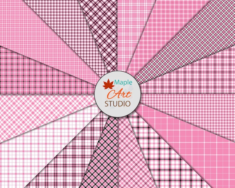 Pink Plaid Tartan Digital Papers Pack, Pink Black Fabric Patterns ...