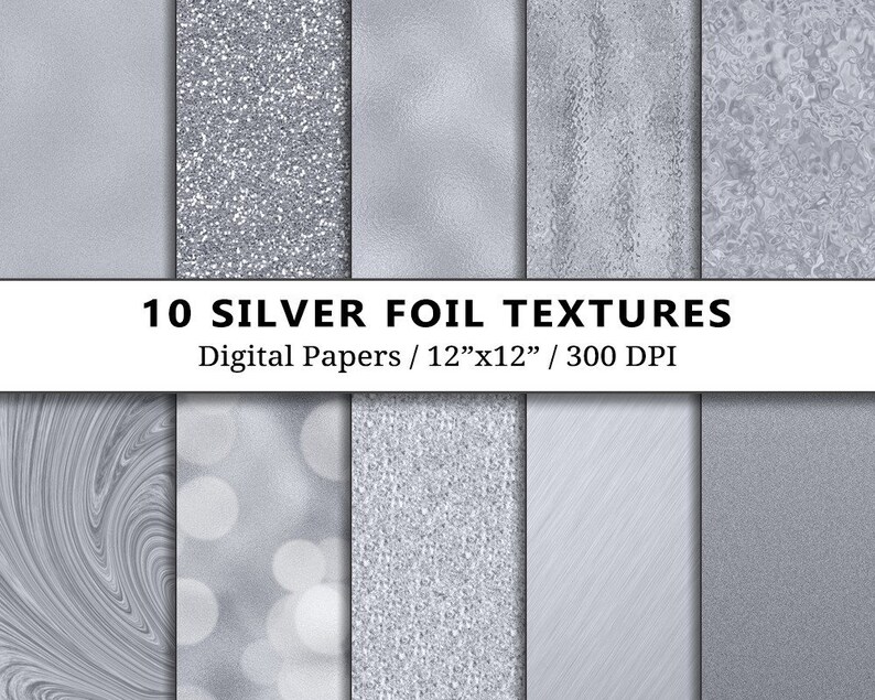 Silver Foil Digital Paper Pack, Metallic Glitter, Scrapbook, Silver ...