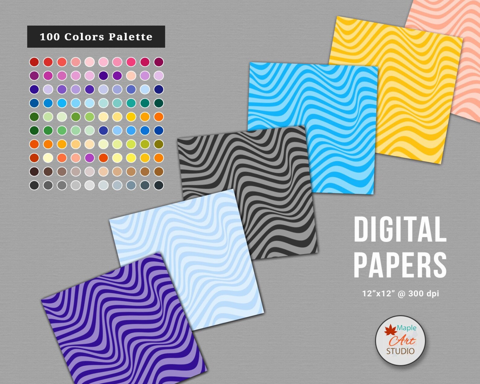 Tinted Wavy Lines Digital Paper, 100 Rainbow Colors, Wavy Backgrounds ...