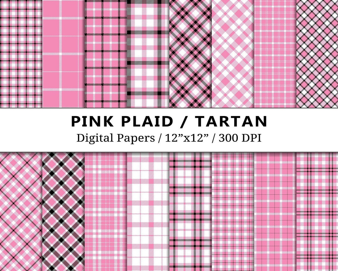 Pink Plaid Tartan Digital Papers Pack, Pink Black Fabric Patterns ...