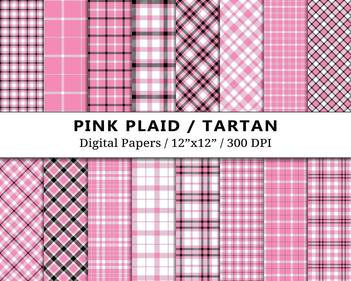 Pink Plaid Tartan Digital Papers Pack, Pink Black Fabric Patterns ...
