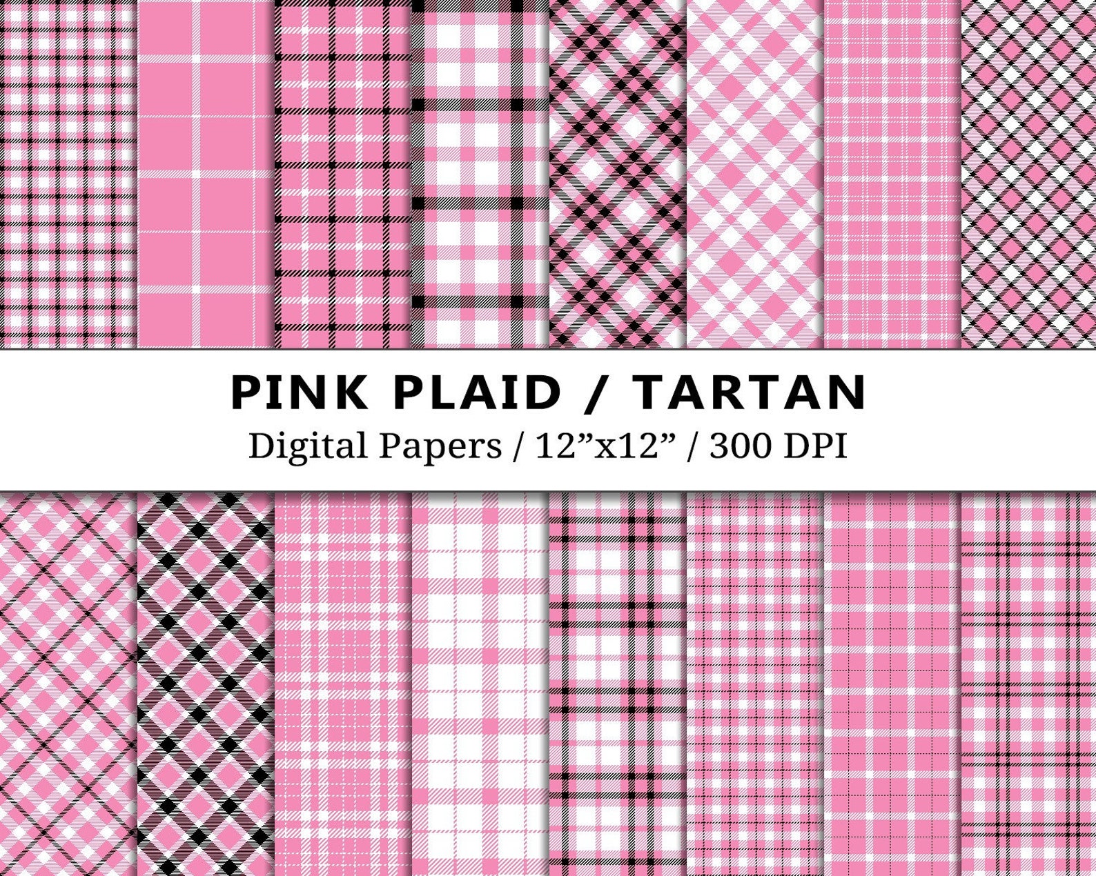 Pink Plaid Tartan Digital Papers Pack, Pink Black Fabric Patterns ...