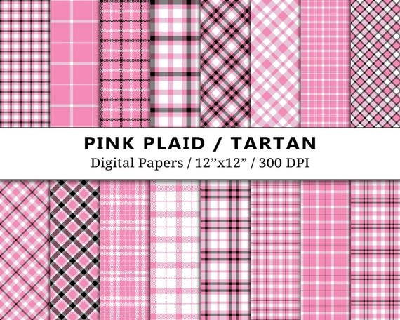Pink Plaid Tartan Digital Papers Pack Pink Black Fabric | Etsy