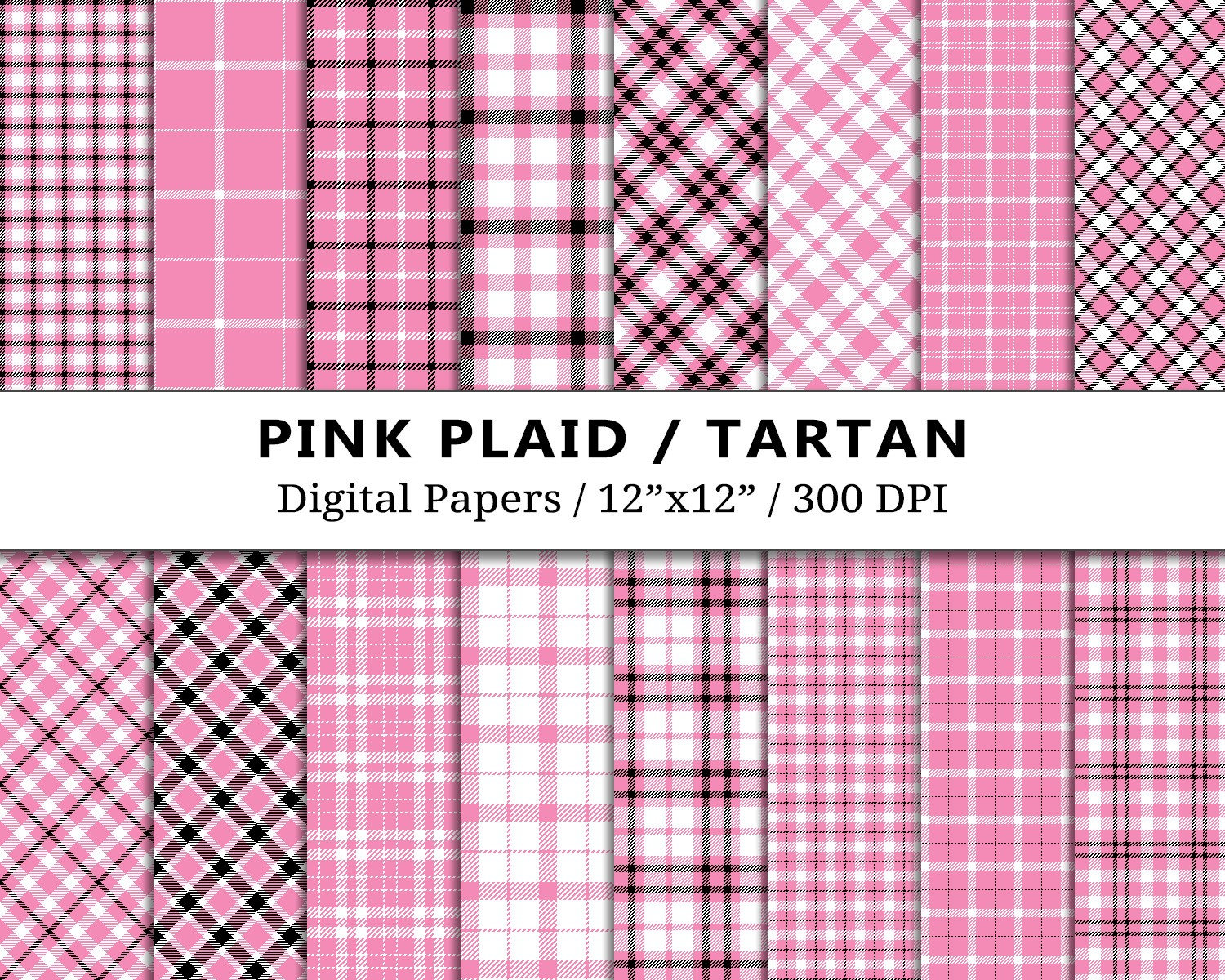 Pink Plaid Tartan Digital Papers Pack, Pink Black Fabric Patterns ...