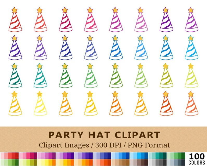 100 Party Hat Clipart, Birthday Clip Art, Rainbow Colors, Celebration ...