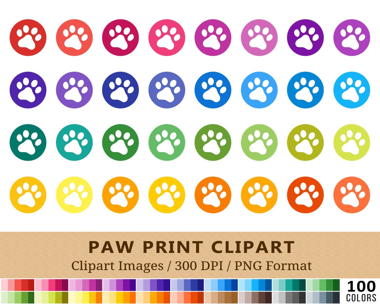 100 Paw Prints Clipart, Dog Cat Paw Clip Art, Rainbow Colors, Planner ...
