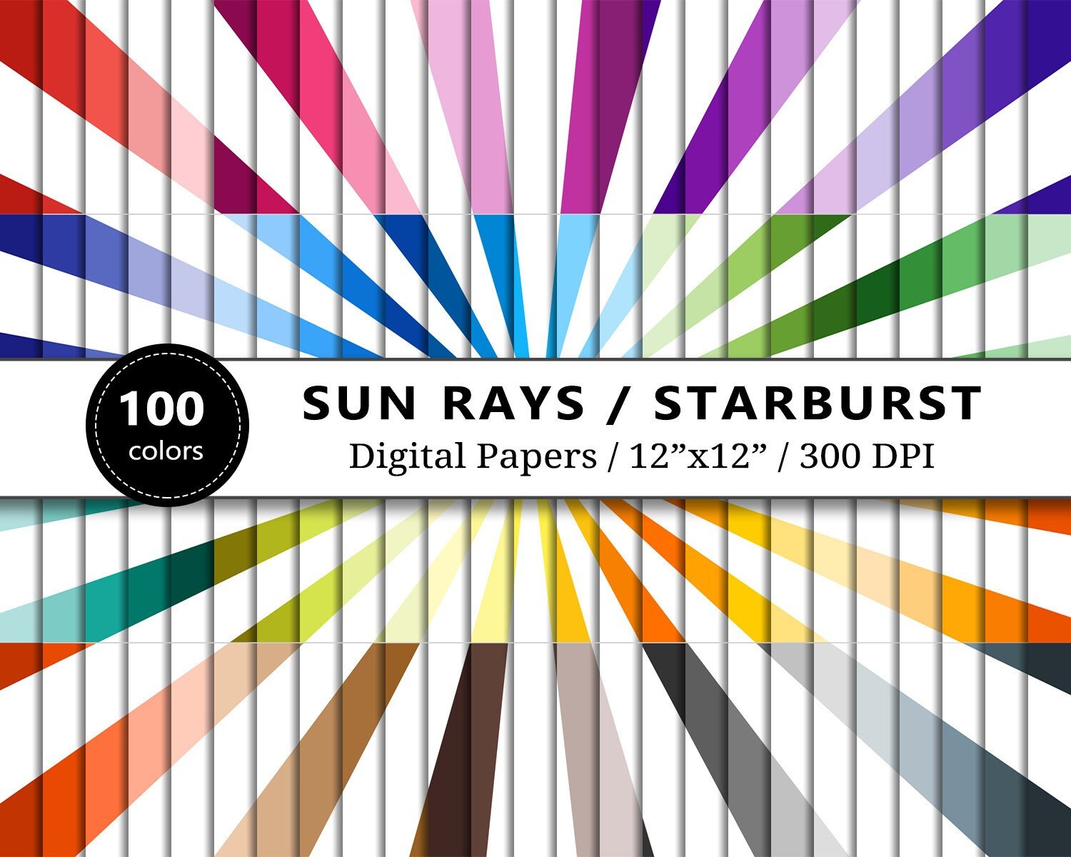 Starburst Digital Paper, 100 Rainbow Colors, Sun Rays Backgrounds ...