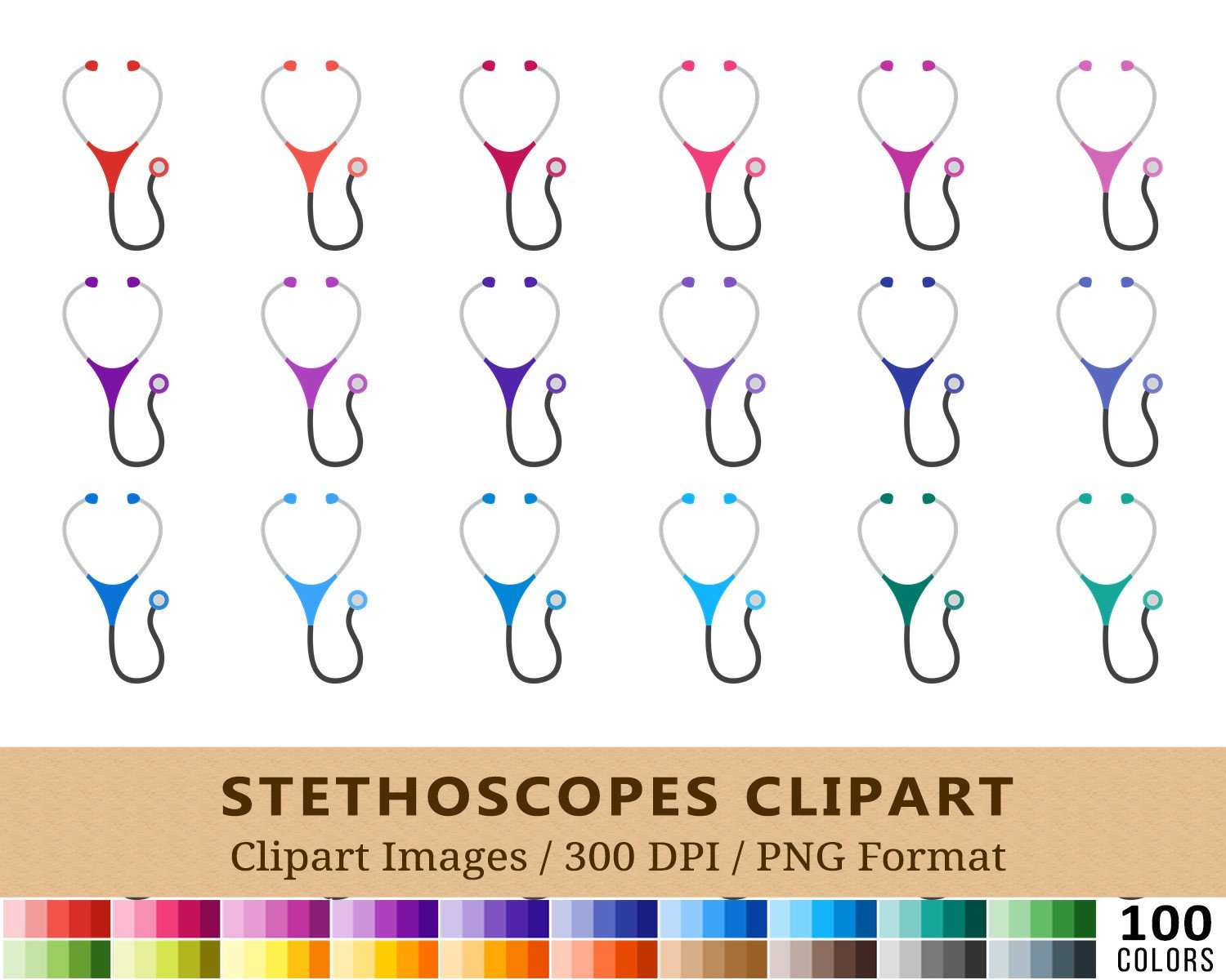 100 Stethoscope Clipart, Medical Clip Art, Rainbow Colors, Digital ...