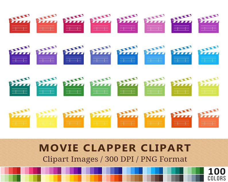 100 Clap Board Clipart, Movie Clapper Clip Art, Rainbow Movie Clapboard ...