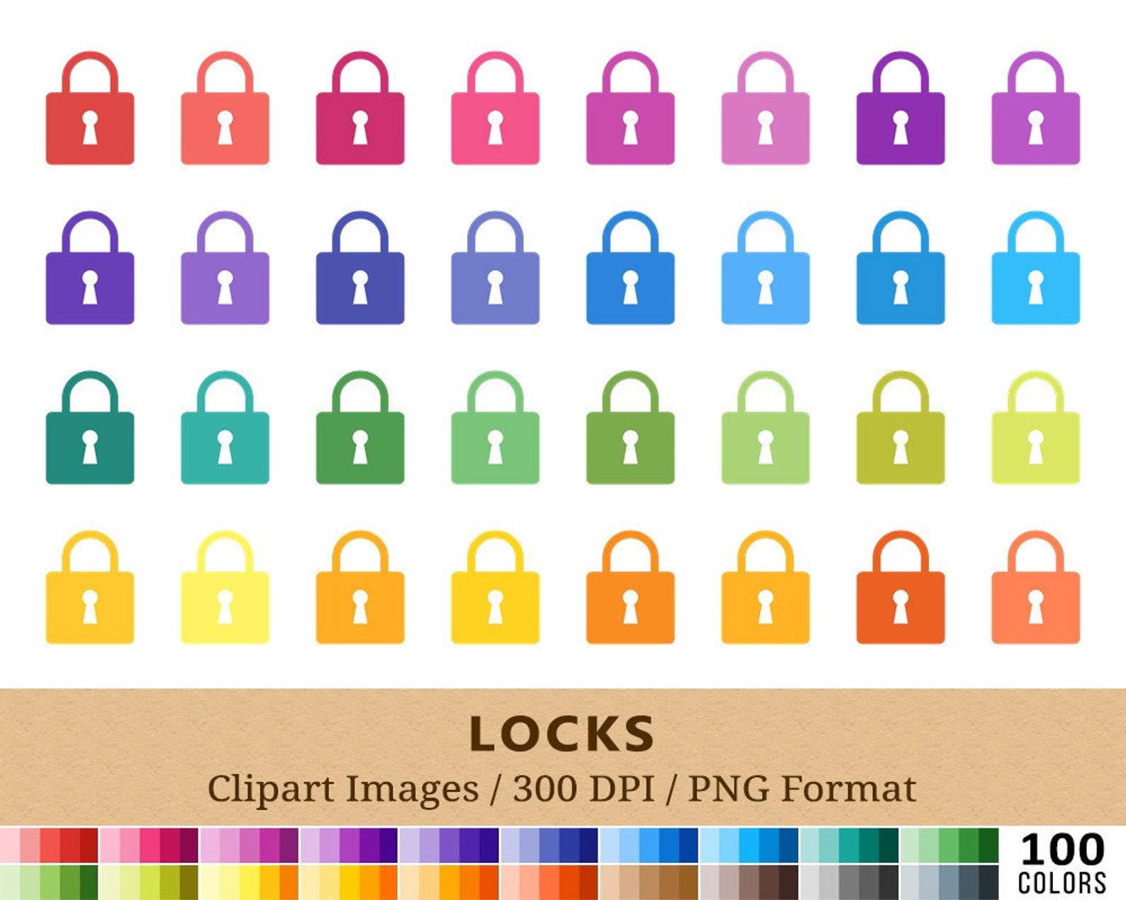 100 Lock Clipart, Key Padlock Clip Art, Rainbow Colors, Planner ...