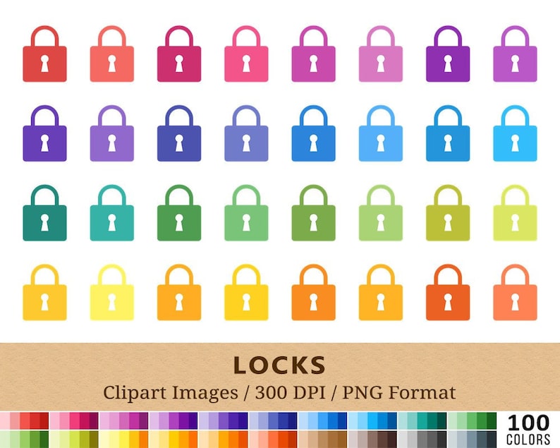 100 Lock Clipart, Key Padlock Clip Art, Rainbow Colors, Planner ...