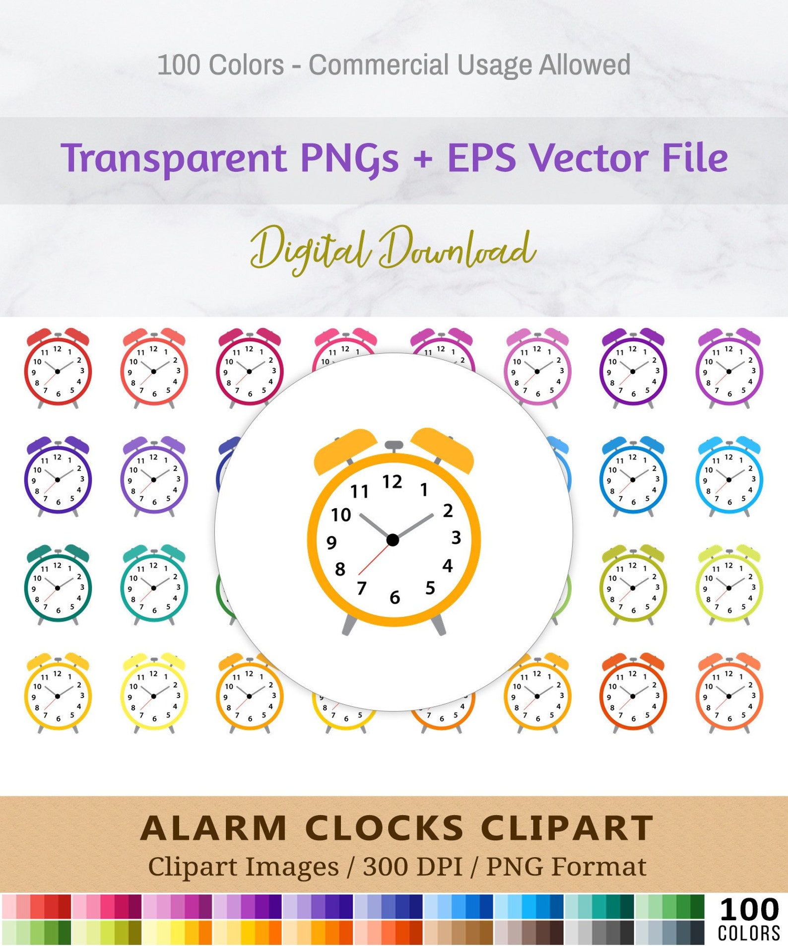 100 Alarm Clock Clipart, Wake up Timer Clip Art, Rainbow Colors ...