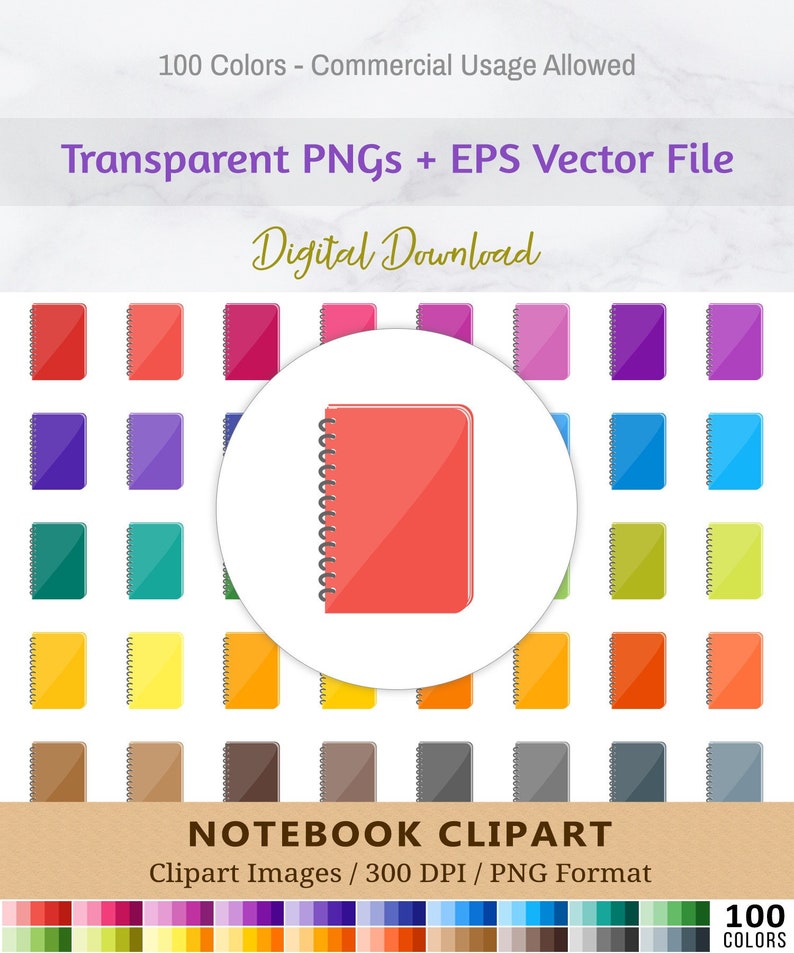 100 Notebook Clipart, Back to School Clip Art, Rainbow Colors Planner ...