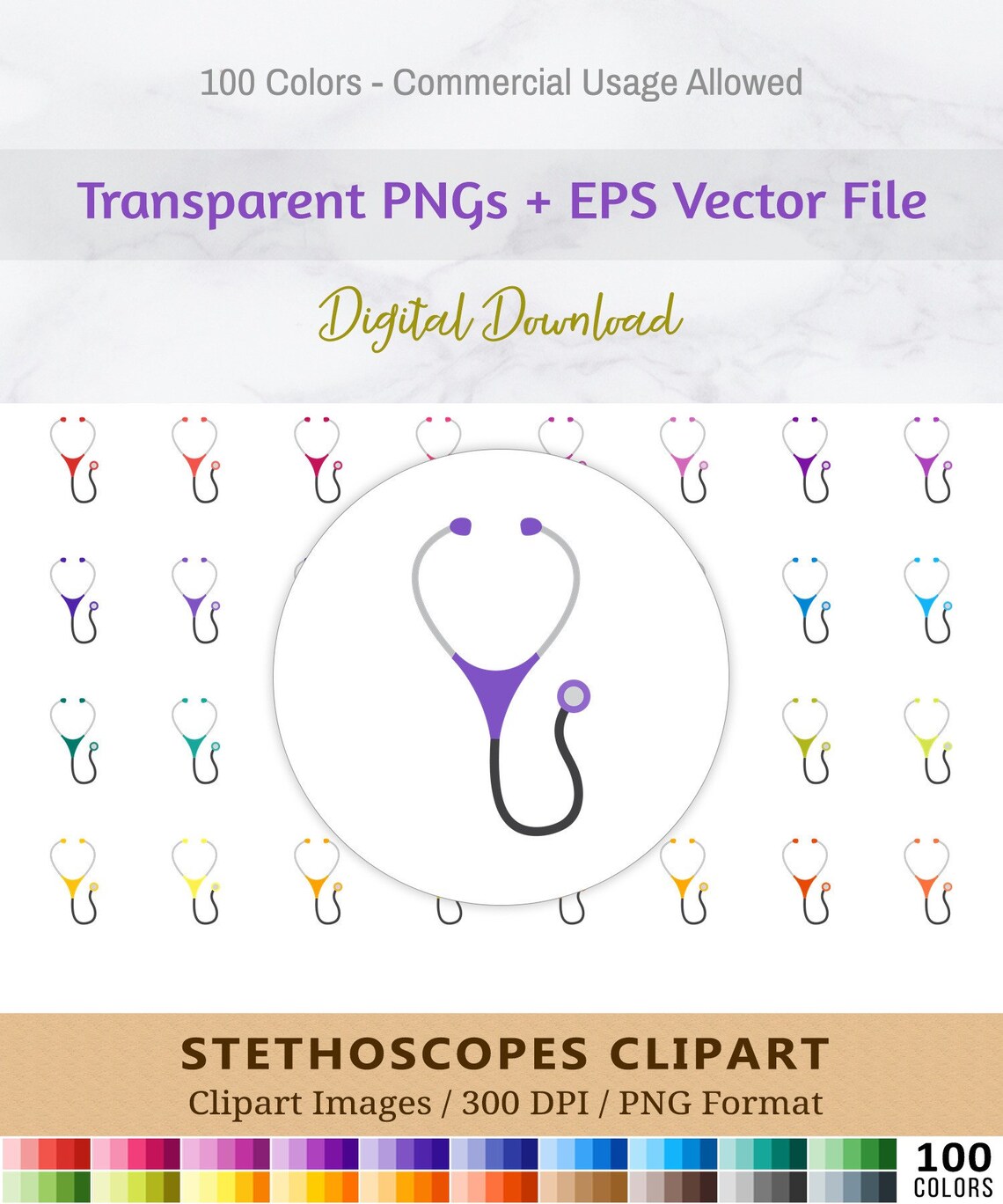 100 Stethoscope Clipart, Medical Clip Art, Rainbow Colors, Digital ...