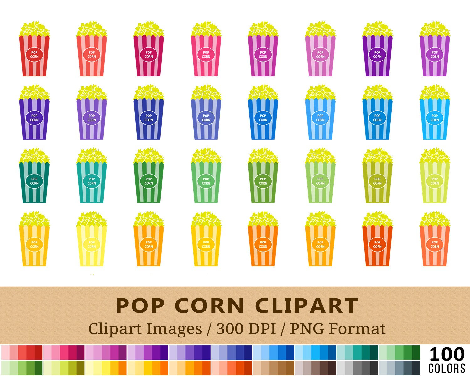 100 Popcorn Clipart, Pop Corn Clip Art, Rainbow Colors, Movie Night ...