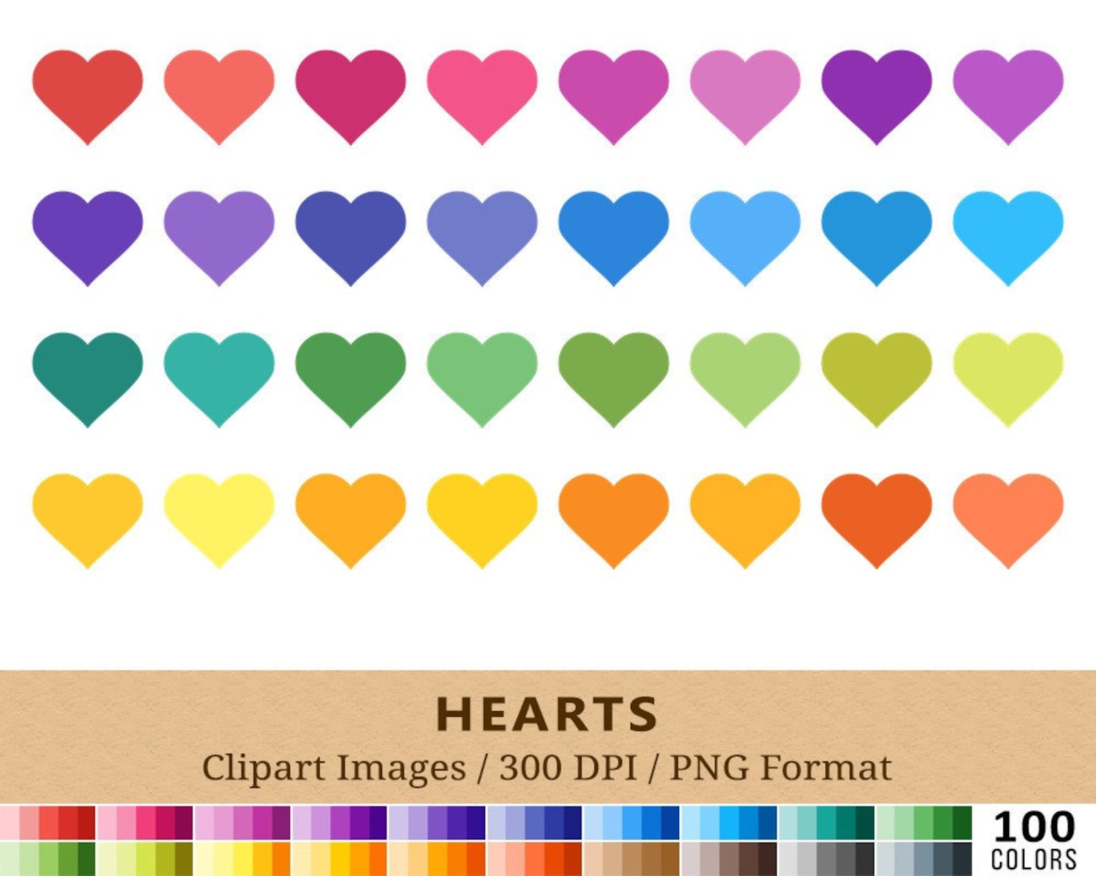 100 Hearts Clipart, Valentine Clip Art, Cute Rainbow Colors, Planner ...