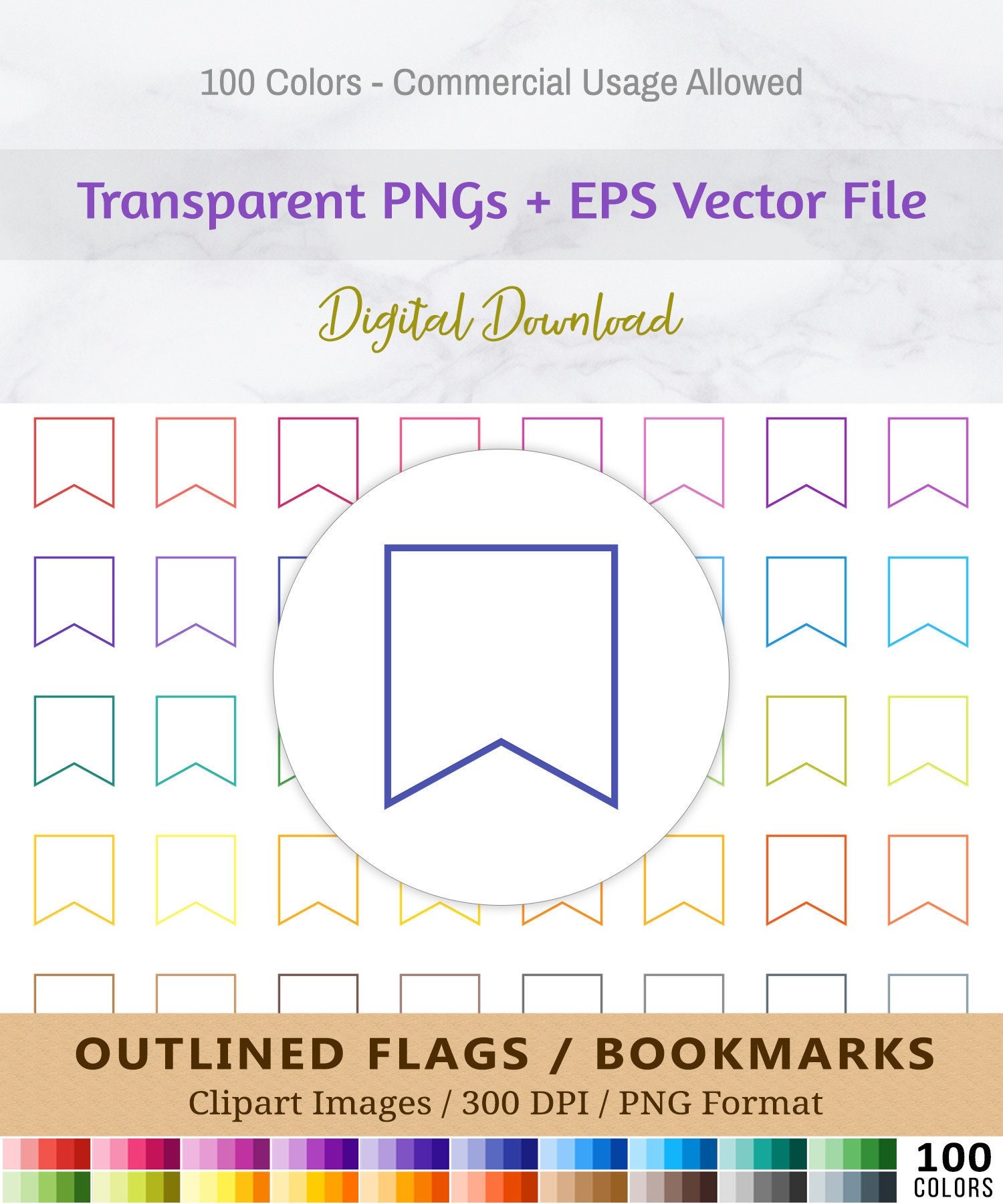 100 Flag Outline Clipart, Bookmark Clip Art, Rainbow Colors, Planner ...