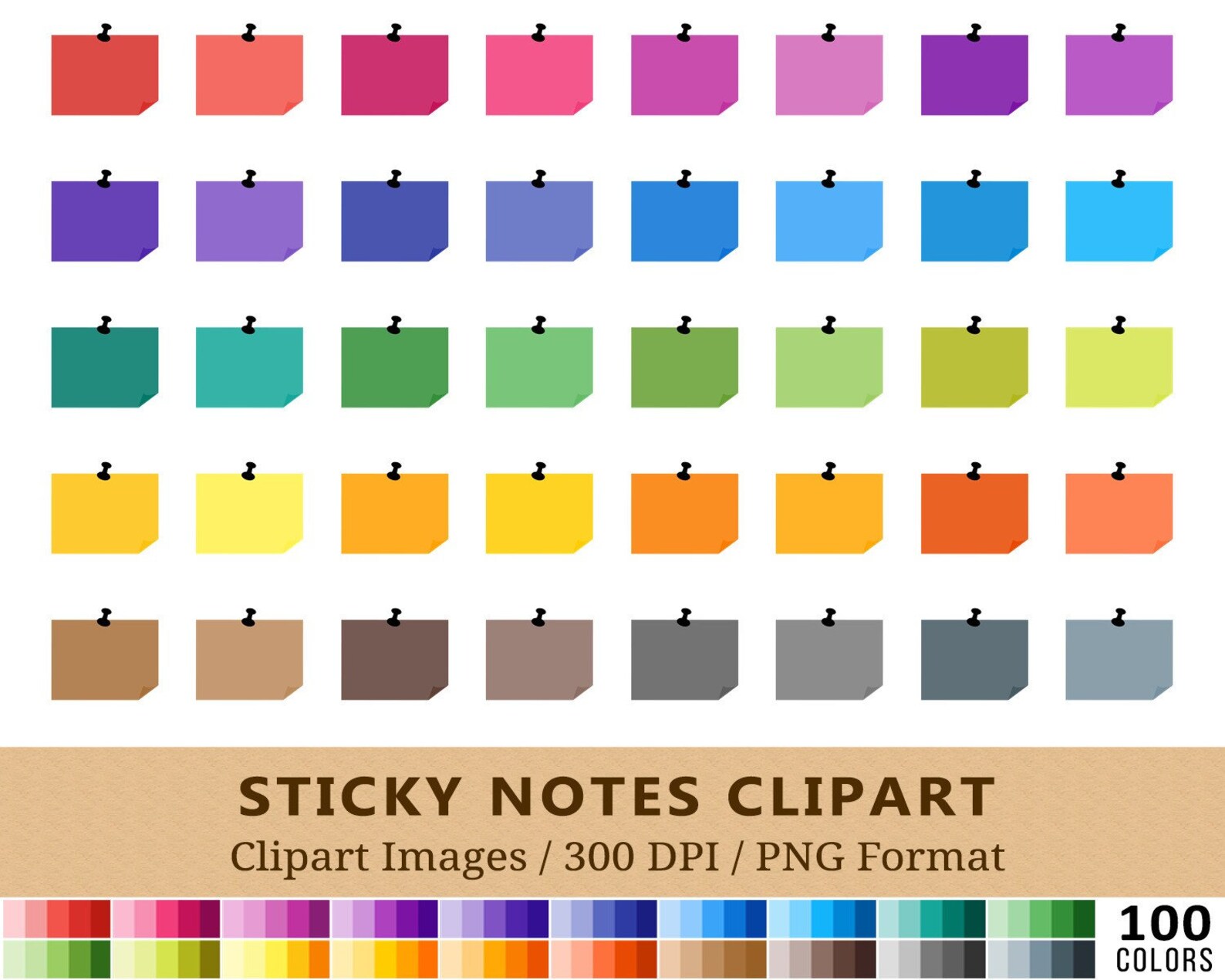 100 Sticky Note Clipart, Reminder Clip Art, Rainbow Colors, Office Memo ...