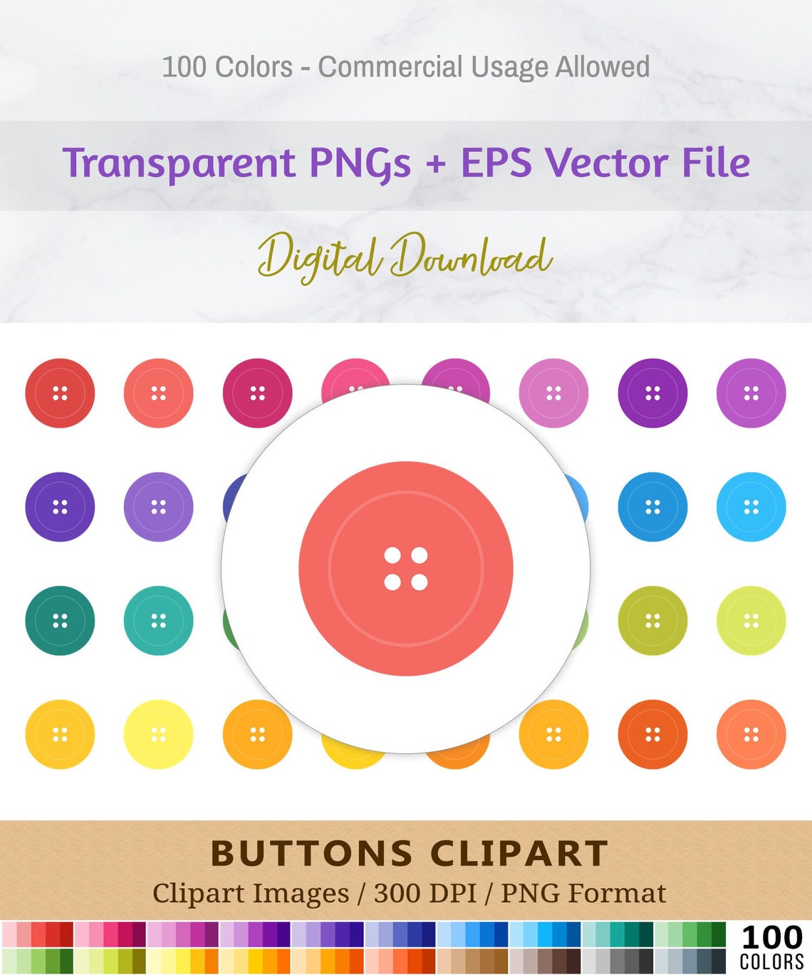 100 Button Clipart, Sewing Buttons Clip Art, Rainbow Colors, Digital ...