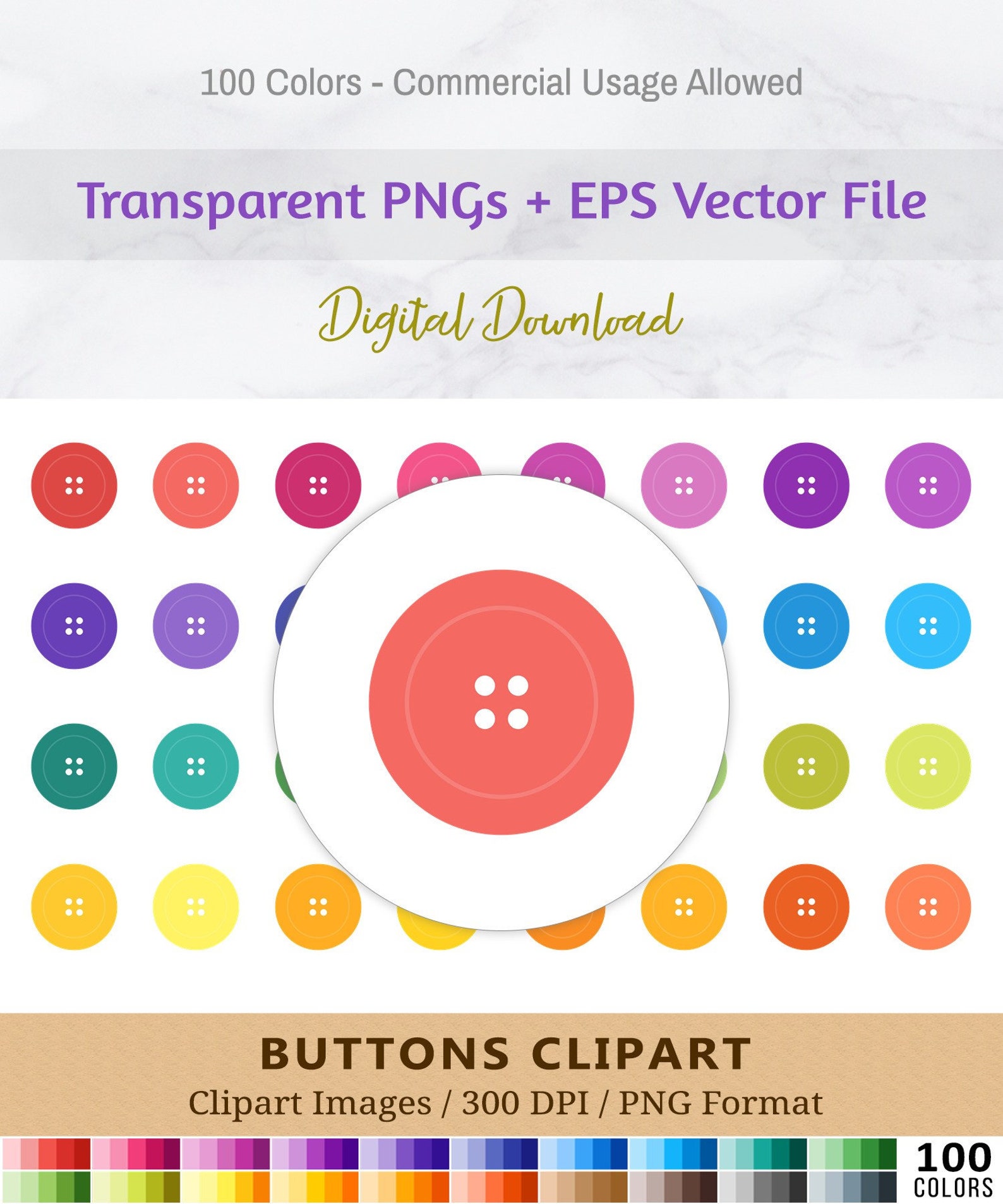 100 Button Clipart, Sewing Buttons Clip Art, Rainbow Colors, Digital ...