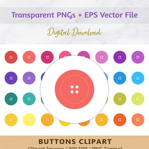 100 Button Clipart, Sewing Buttons Clip Art, Rainbow Colors, Digital ...