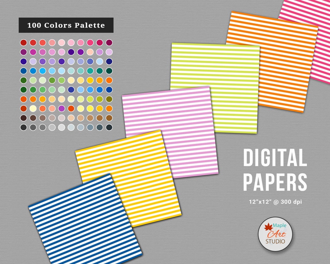 Horizontal Medium Stripes Digital Paper Backgrounds, Thick Lines, 100 ...