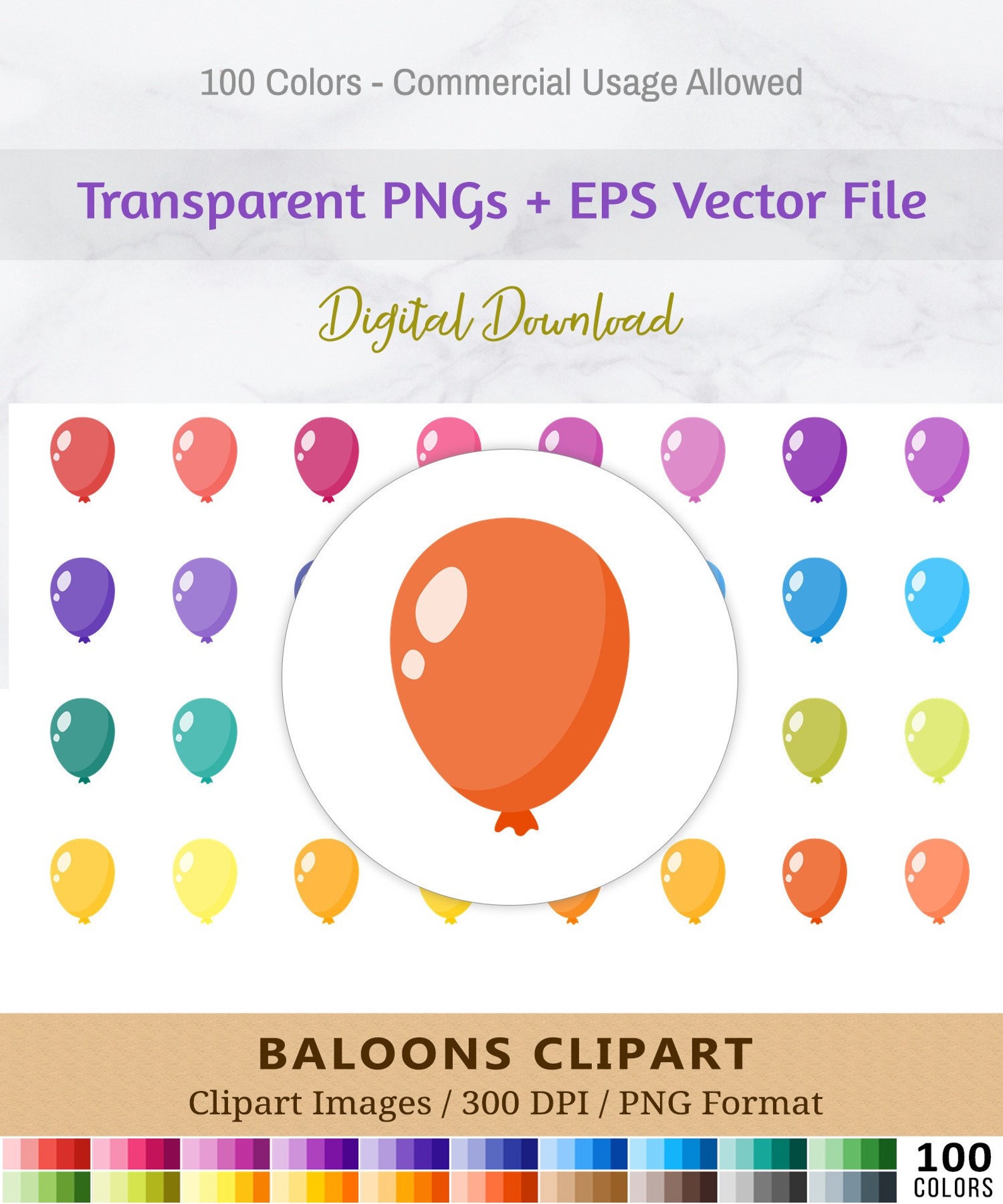 100 Balloon Clipart, Birthday Party Clip Art Set, Rainbow Colors ...