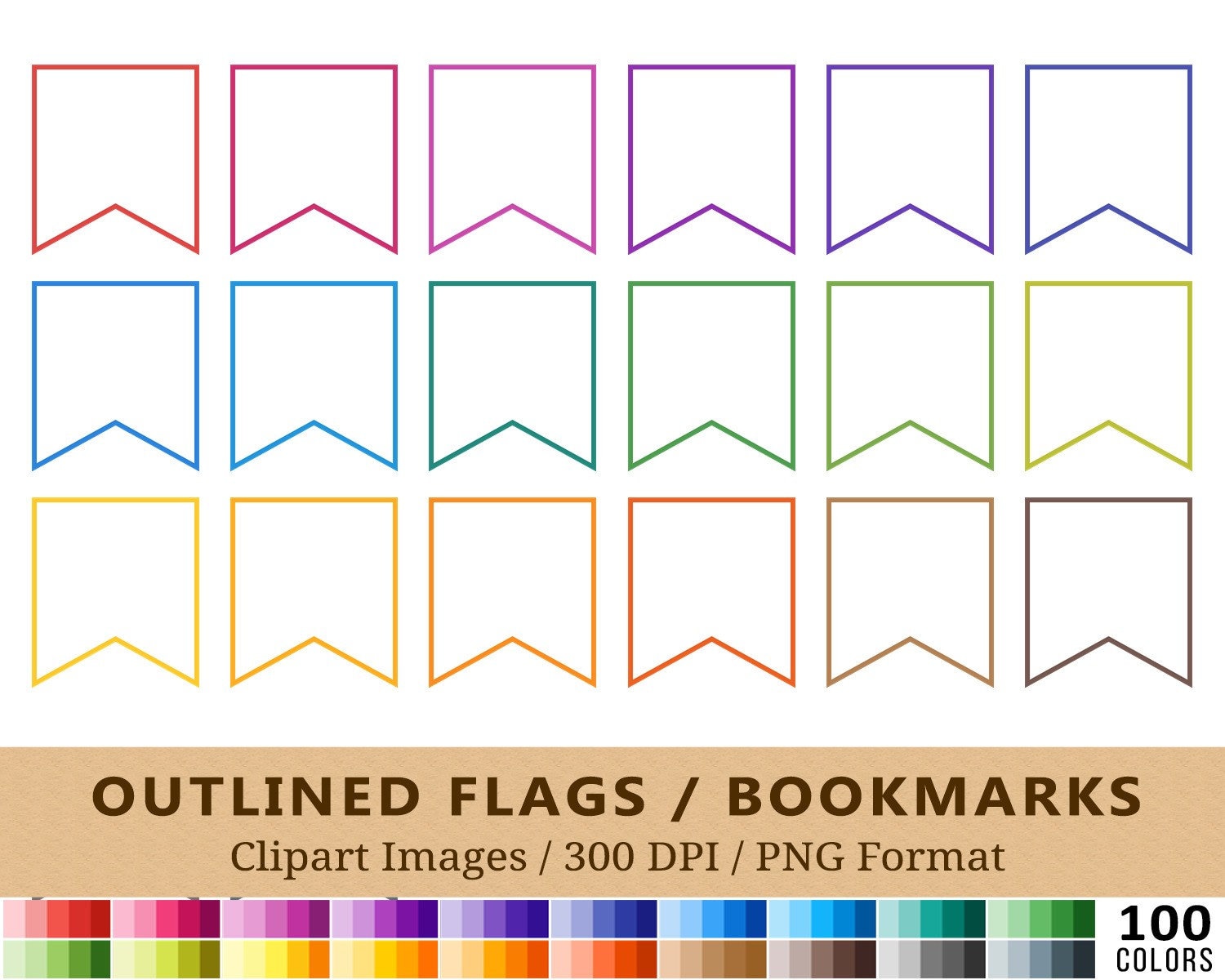 100 Flag Outline Clipart, Bookmark Clip Art, Rainbow Colors, Planner ...
