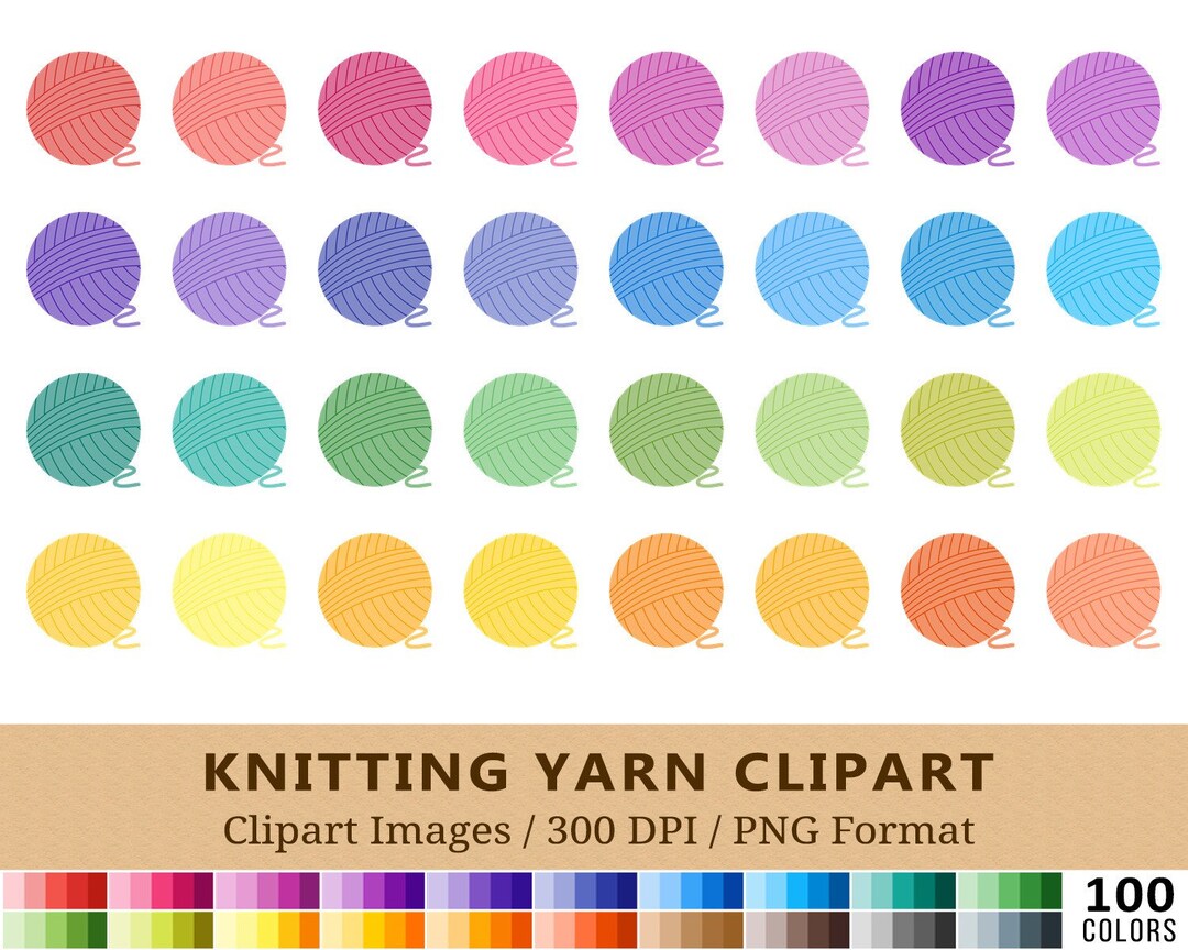 100 Knitting Yarn Clipart, Ball of Wool Clip Art, Rainbow Colors ...