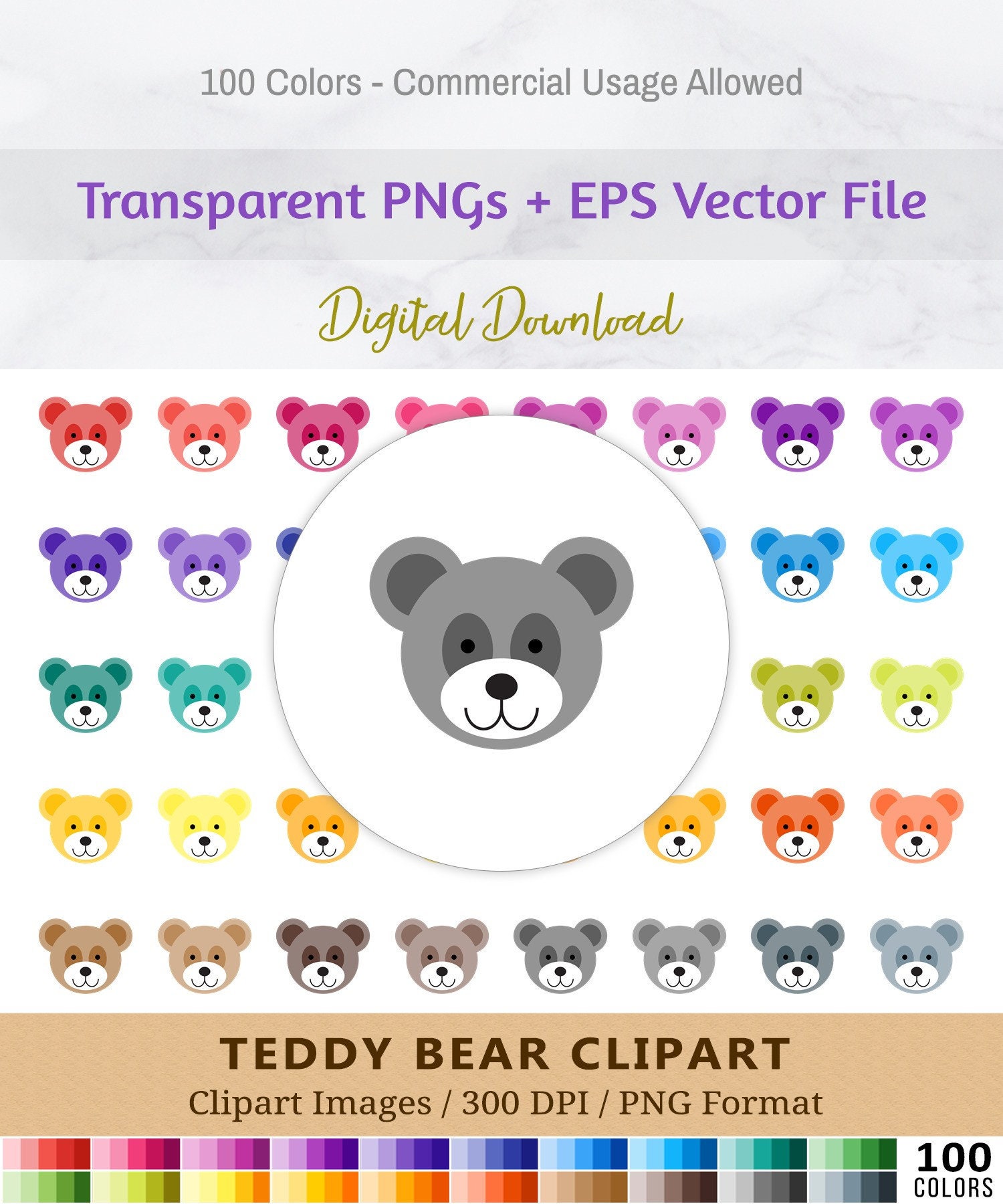 100 Teddy Bear Face Clipart, Woodland Animal Head Clip Art, Rainbow ...