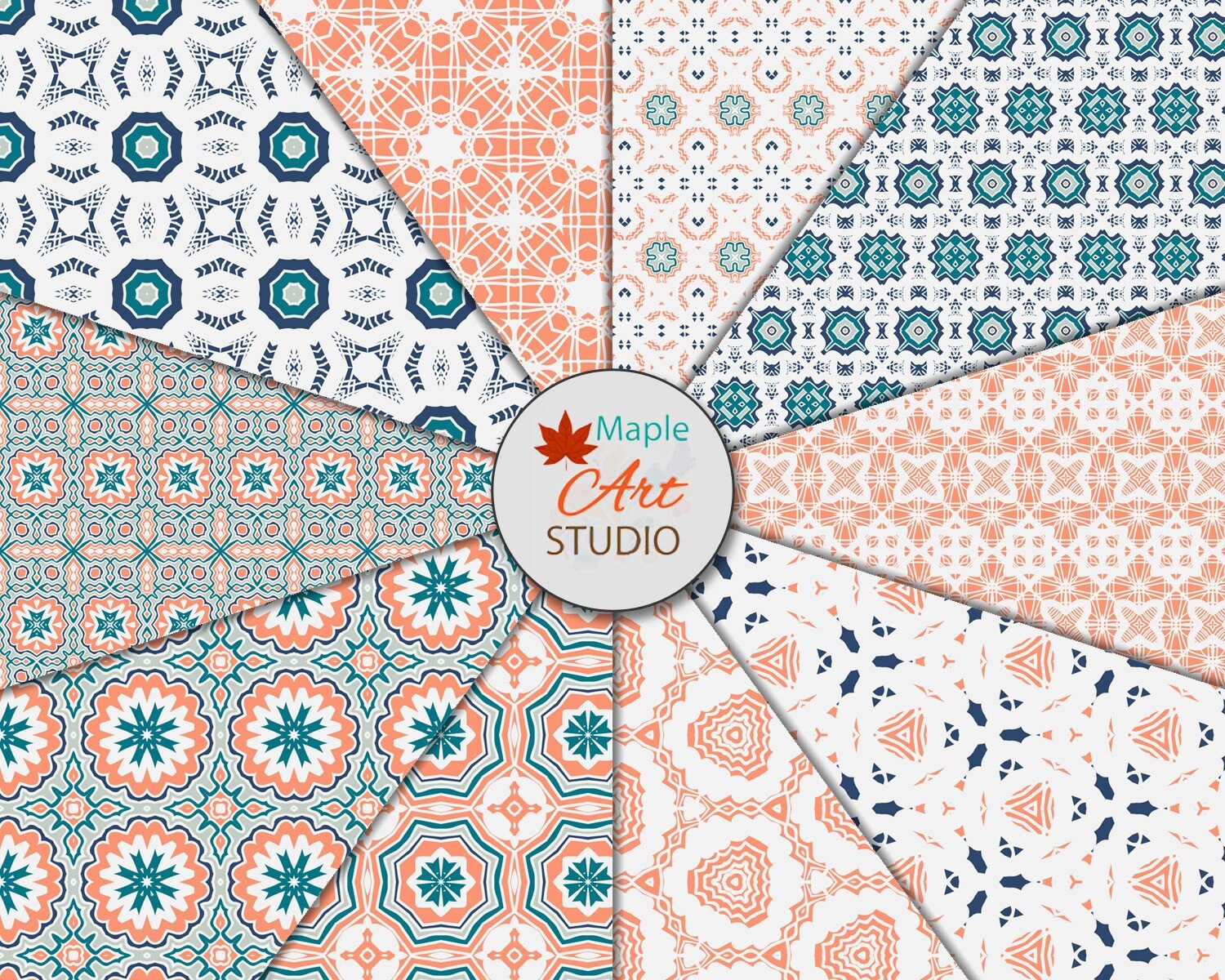Orange Blue Geometric Patterns, Coordinating Digital Papers, Flowers ...