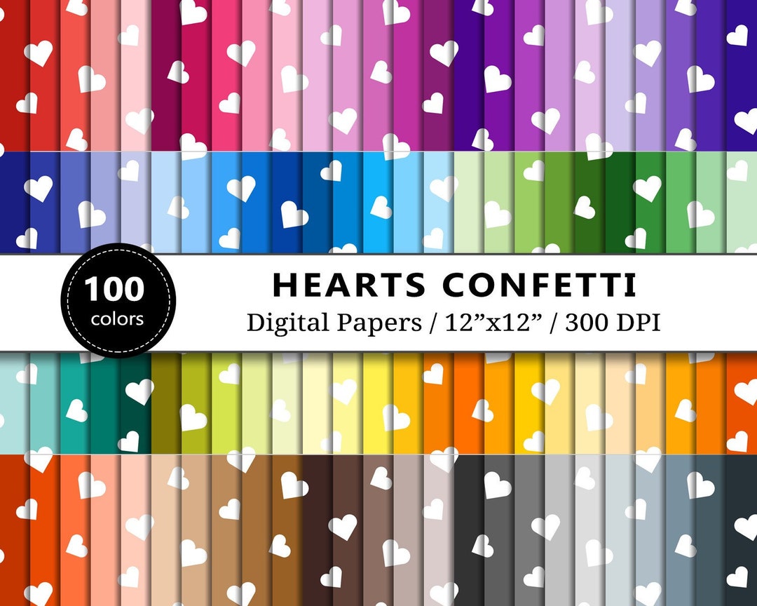 Confetti Hearts Digital Paper, 100 Rainbow Colors, Heart Scrapbook ...