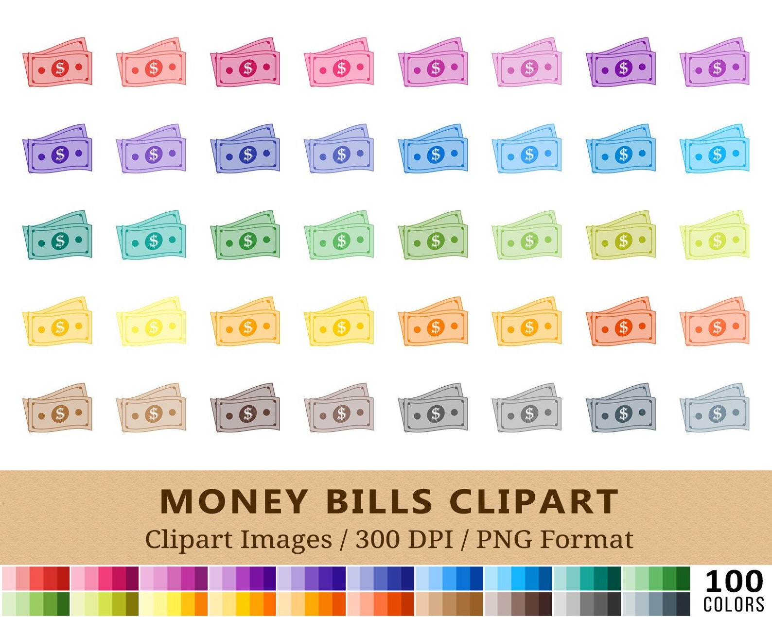 100 Dollar Bills Clipart, Money Bills Clip Art, Rainbow Colors, Digital ...