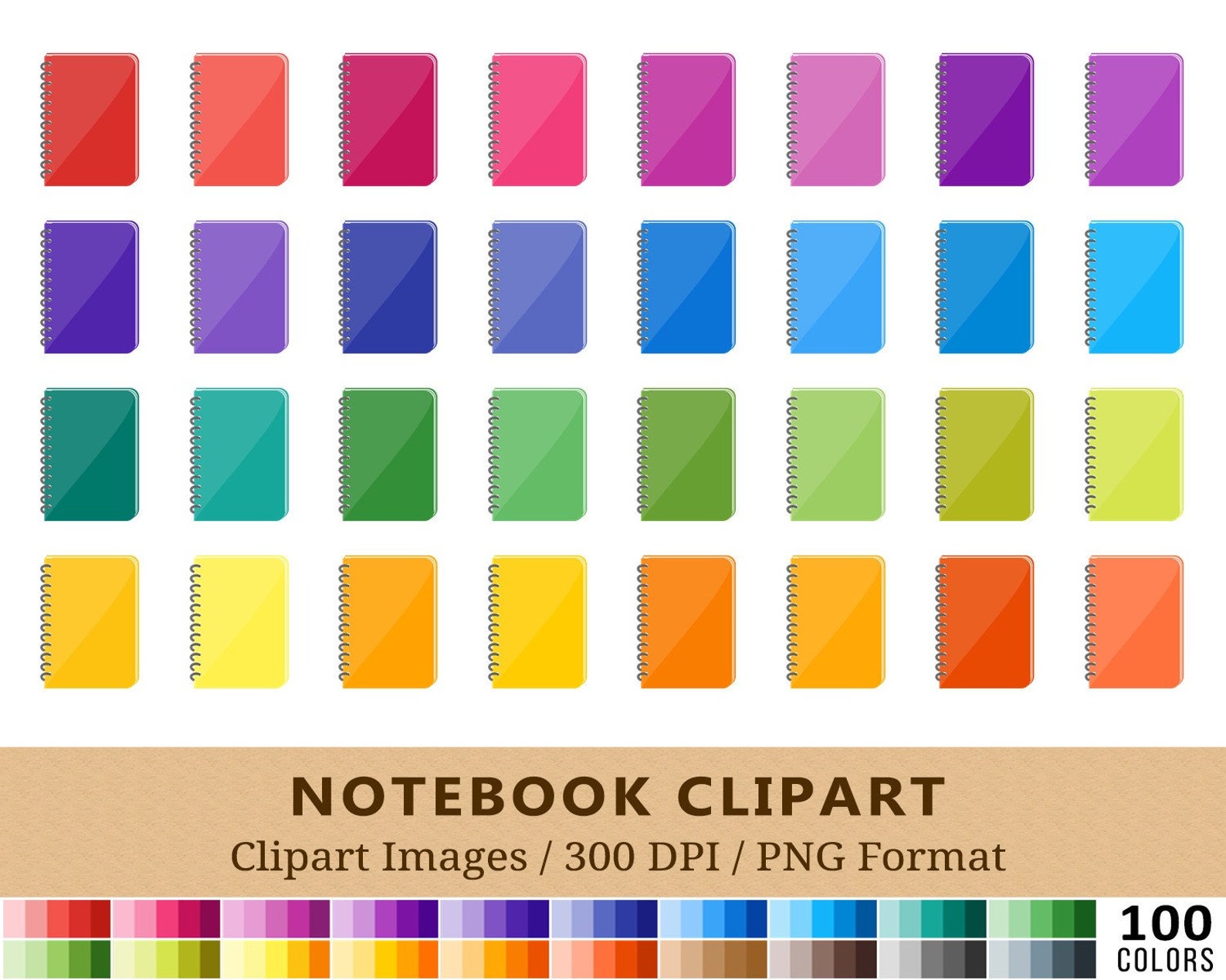 100 Notebook Clipart, Back to School Clip Art, Rainbow Colors Planner ...