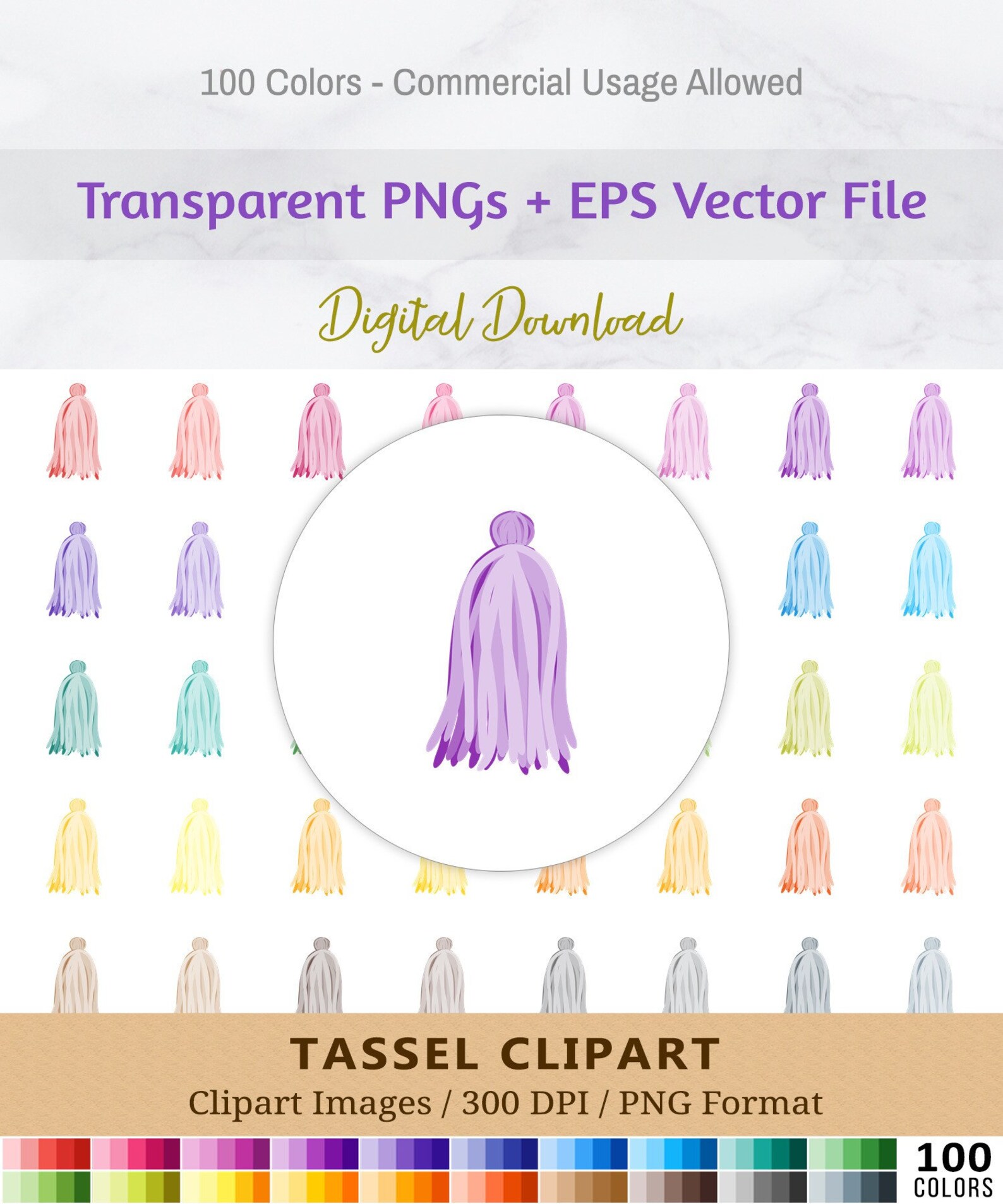 100 Tassel Clipart, Garland Clip Art, Rainbow Colors Planner Stickers ...