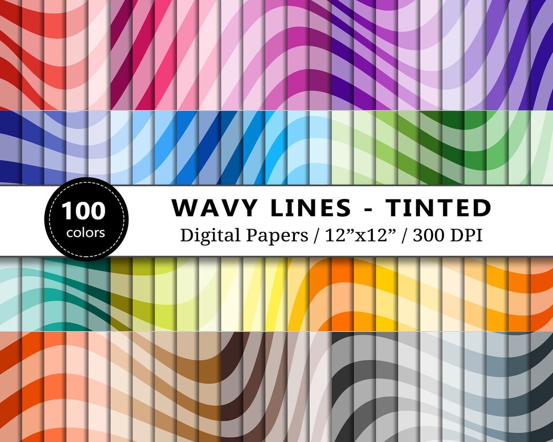 Tinted Wavy Lines Digital Paper, 100 Rainbow Colors, Wavy Backgrounds ...