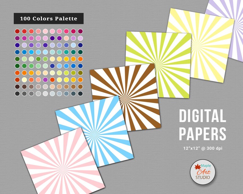 Starburst Digital Paper, 100 Rainbow Colors, Sun Rays Backgrounds ...
