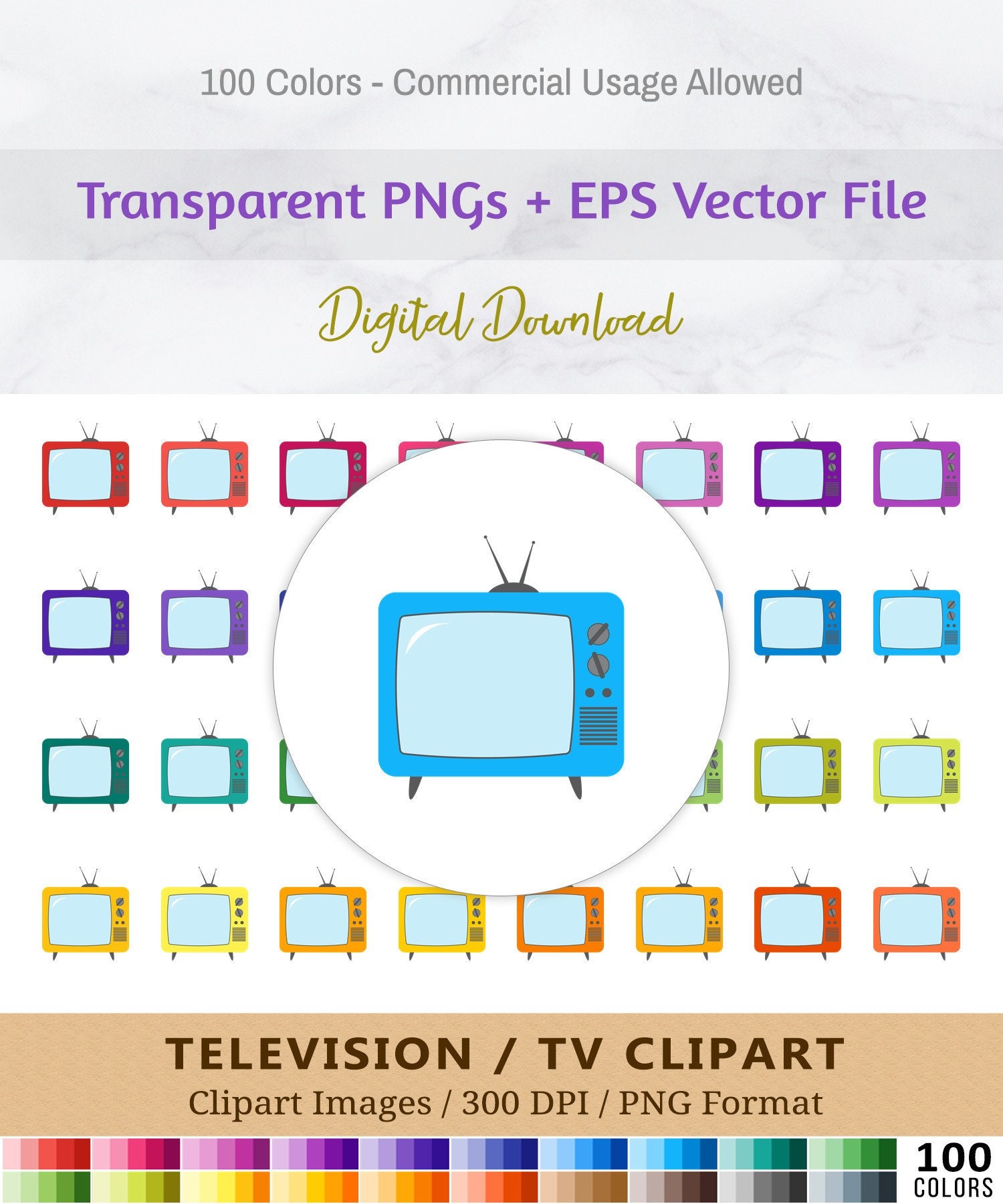 100 Vintage Television Clipart Retro TV Clip Art Rainbow | Etsy