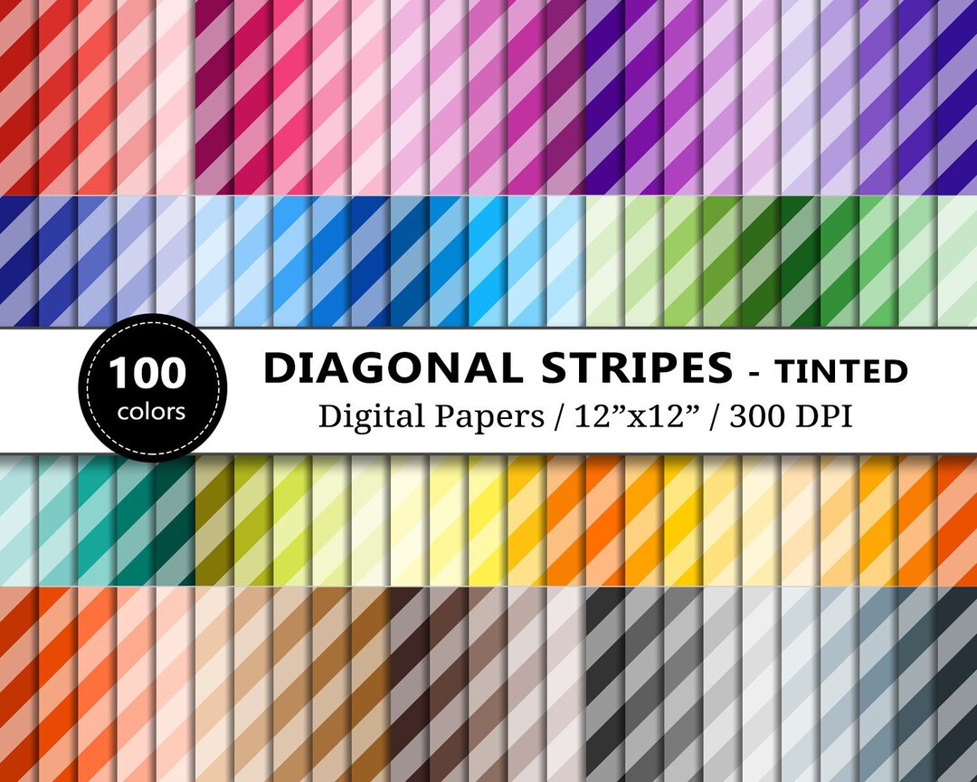 Tinted Diagonal Stripes Digital Paper Backgrounds, Lines Textures, 100 ...