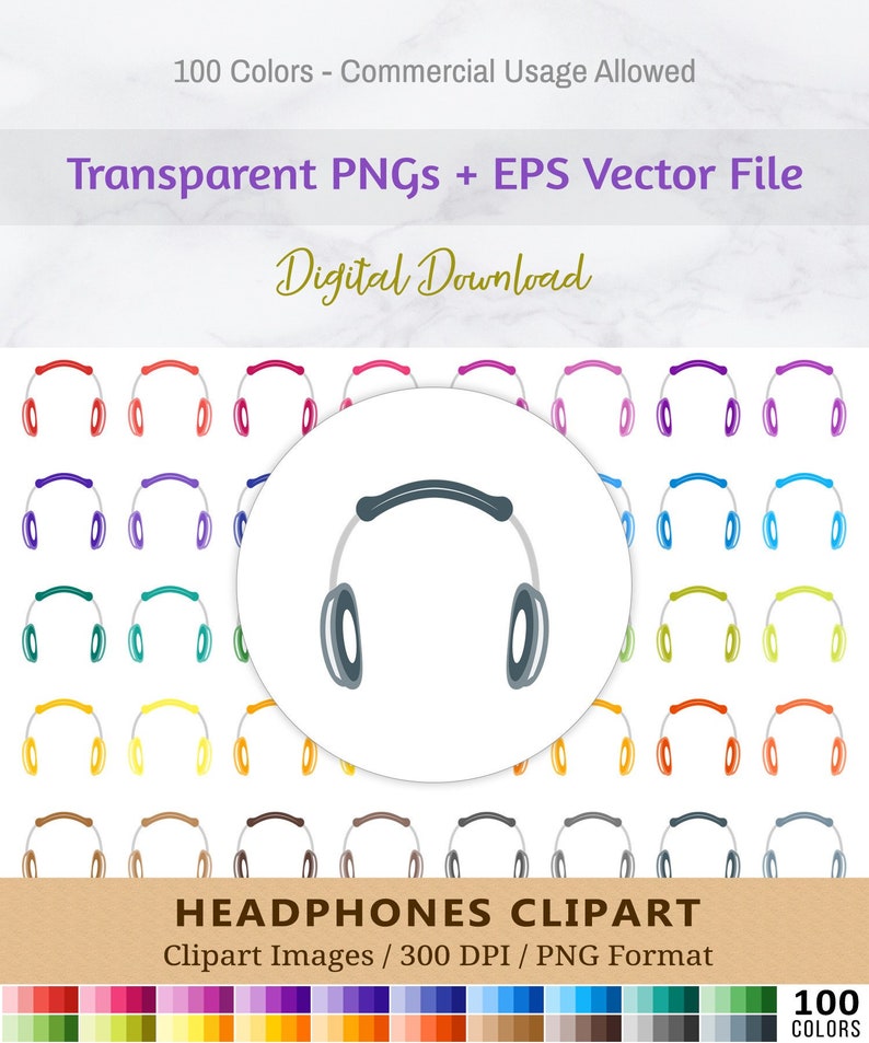 100 Headphones Clipart, Music Headset Clip Art, Rainbow Colors, Planner ...