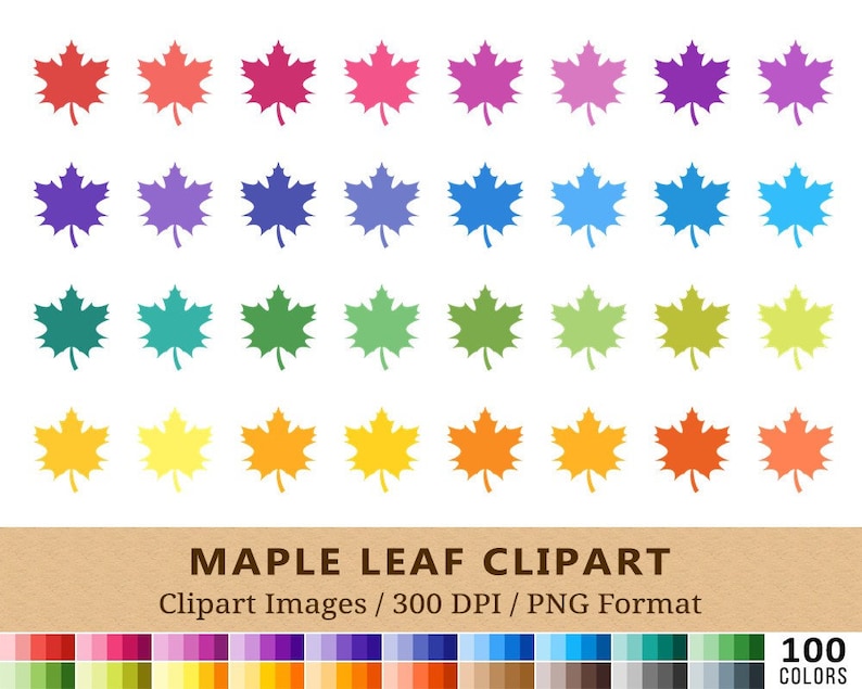 100 Maple Leaf Clipart, Tree Leaves Clip Art, Rainbow Colors, Autumn ...
