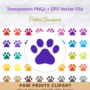 100 Paw Prints Clipart, Dog Cat Paw Clip Art, Rainbow Colors, Vector ...
